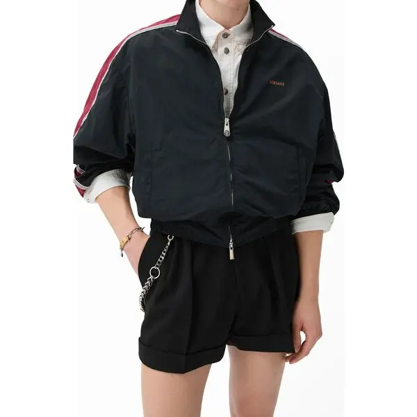 Versace Oversize Wrinkled Nylon Track Jacket With Sporty Stripes