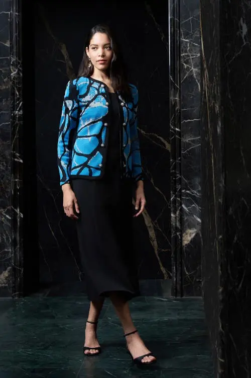Ming Wang Abstract Jacquard Suede Trim Knit Jacket
