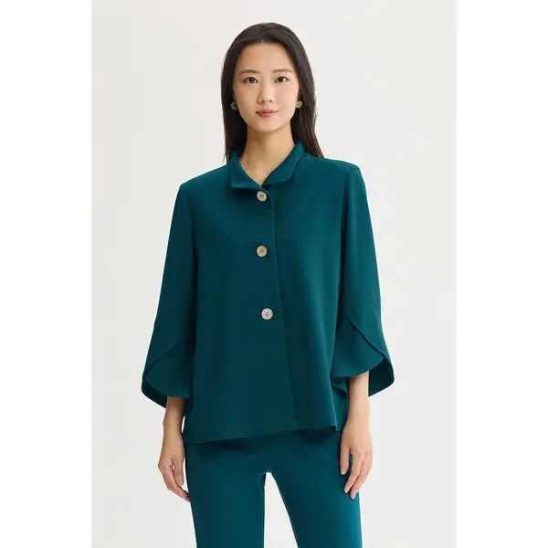Ming Wang Button Front Bell Sleeve Deco Crepe Jacket