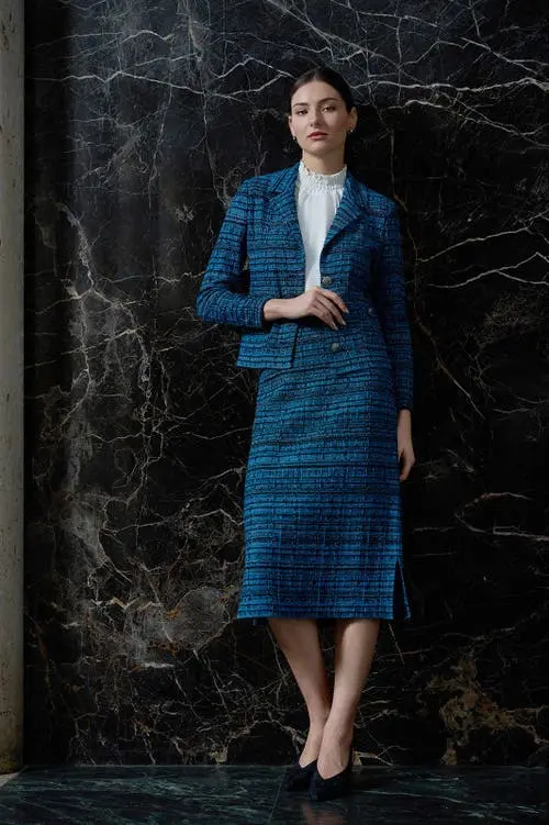 Ming Wang Side Slit Tweed Knit Pencil Skirt