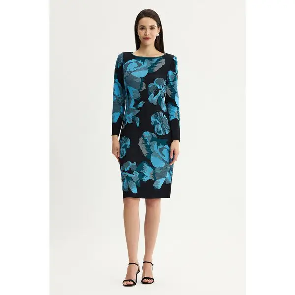 Ming Wang Floral Jacquard Soft Knit Midi Dress