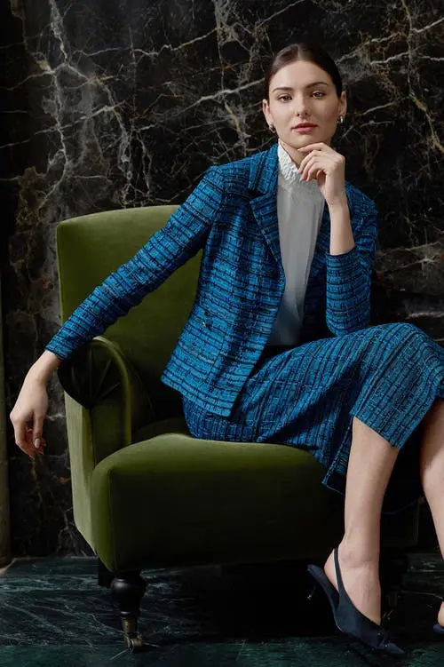 Ming Wang Lapel Collar Tweed Knit Jacket