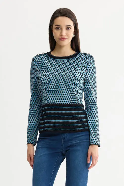 Ming Wang Diamond Pattern Ribbed Knit Top With Button Detail