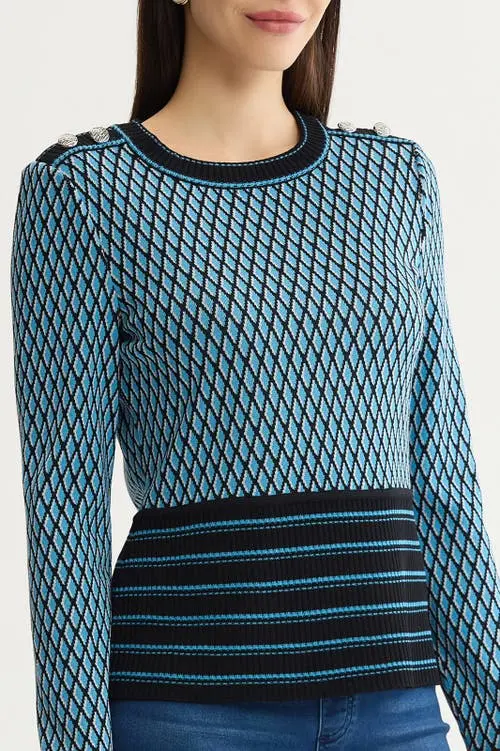 Ming Wang Diamond Pattern Ribbed Knit Top With Button Detail