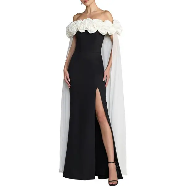 Mac Duggal Off-the-shoulder Crepe Gown With Chiffon Cape And Floral Embellishments