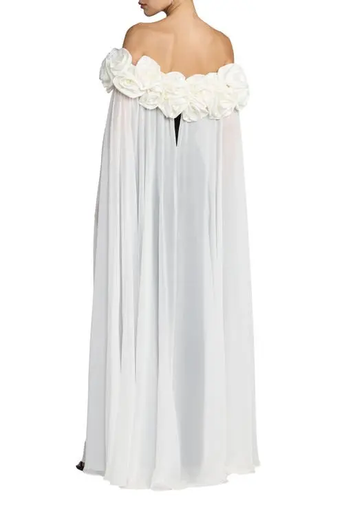 Mac Duggal Off-the-shoulder Crepe Gown With Chiffon Cape And Floral Embellishments