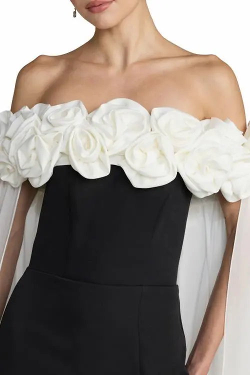 Mac Duggal Off-the-shoulder Crepe Gown With Chiffon Cape And Floral Embellishments