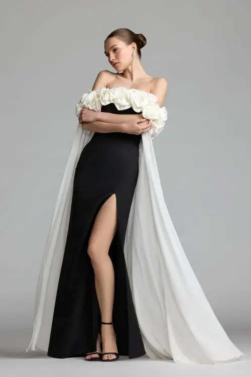 Mac Duggal Off-the-shoulder Crepe Gown With Chiffon Cape And Floral Embellishments