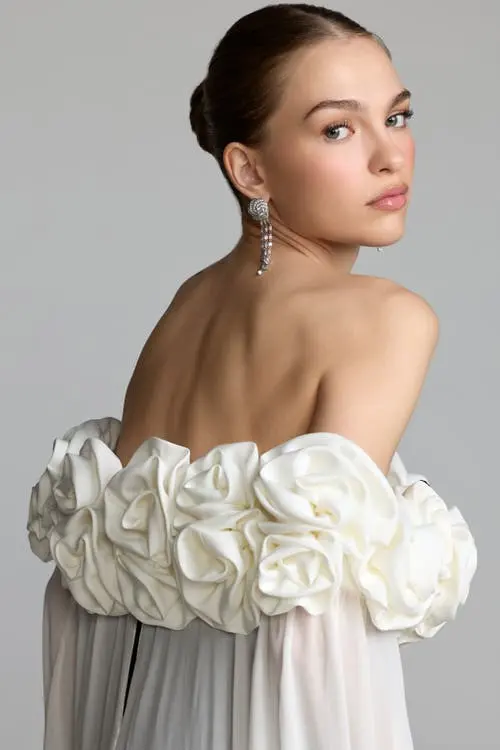 Mac Duggal Off-the-shoulder Crepe Gown With Chiffon Cape And Floral Embellishments