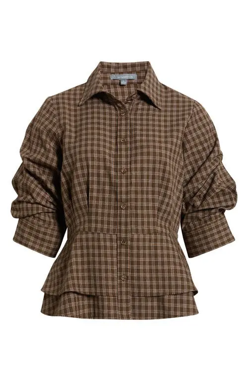 Wit & Wisdom Plaid Ruched Sleeve Peplum Shirt