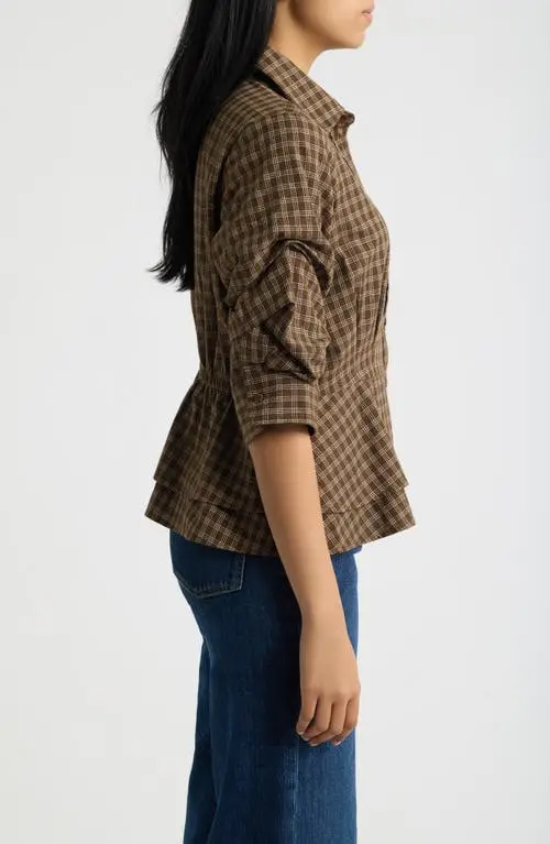 Wit & Wisdom Plaid Ruched Sleeve Peplum Shirt