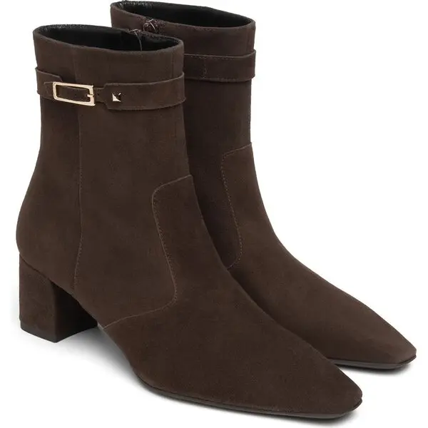 NEROGIARDINI Suede Block Heel Ankle Bootie With Buckle Strap - Chocolate