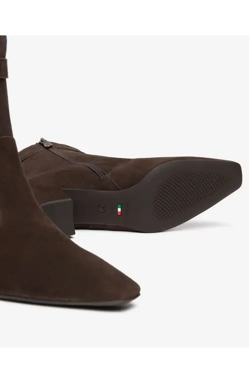 NEROGIARDINI Suede Block Heel Ankle Bootie With Buckle Strap - Chocolate