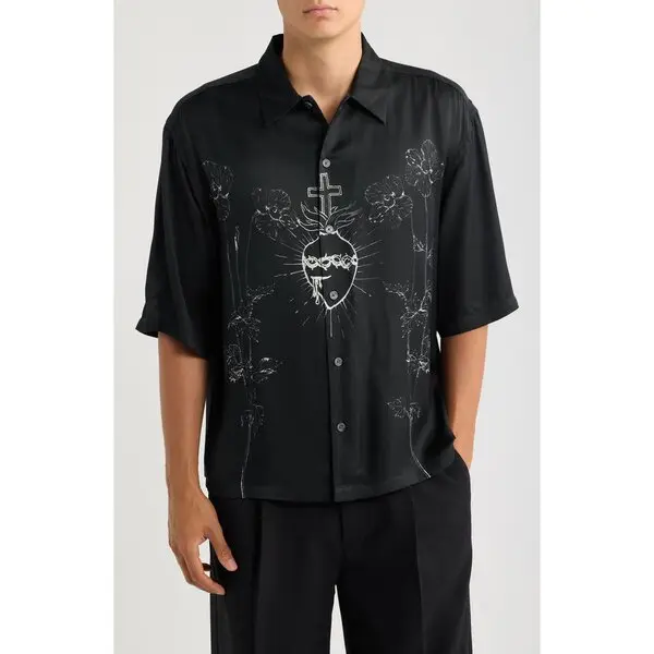 ALLSAINTS Fleur Graphic Short Sleeve Button-up Shirt - Black
