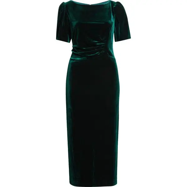 JESSICA HOWARD Ruched Puff Shoulder Velvet Gown - Hunter
