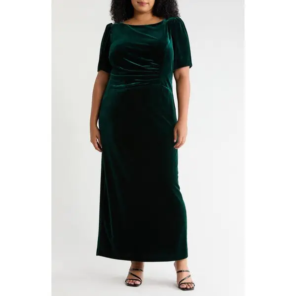 JESSICA HOWARD Ruched Puff Shoulder Velvet Gown - Hunter
