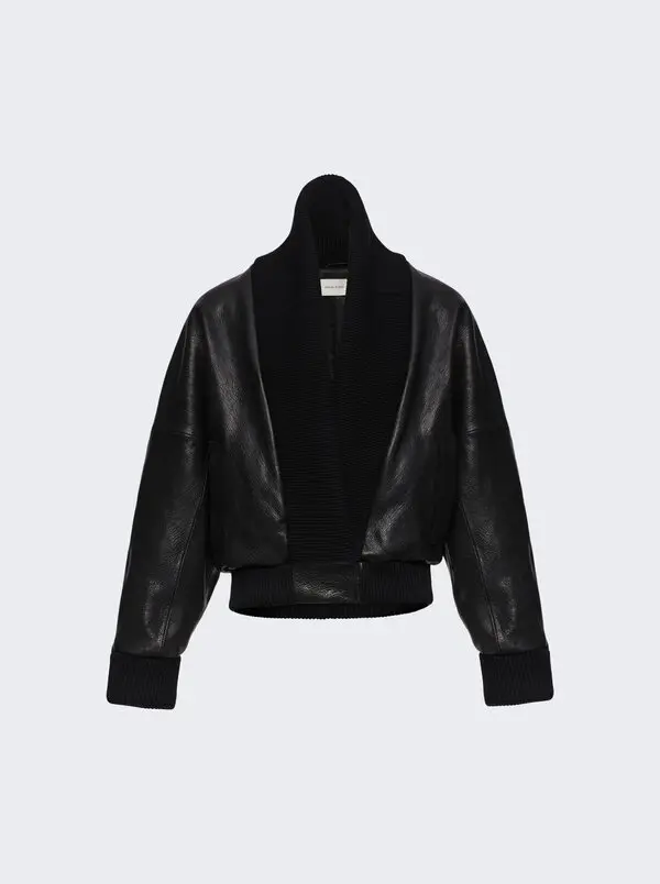 Magda Butrym Leather Bomber Jacket With Knit Shawl Collar