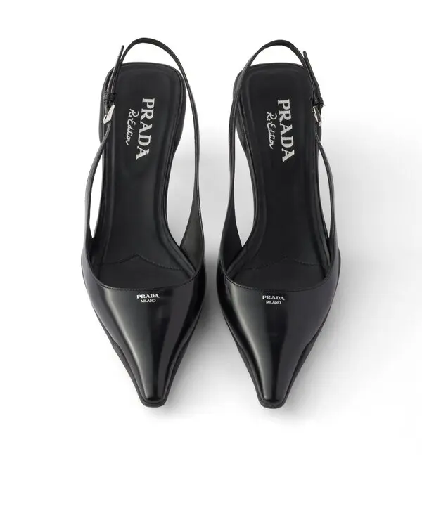 Prada Brushed Leather Slingback Pumps With Metal Buckle Detail
