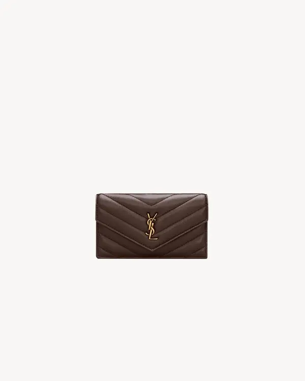 Saint Laurent Cassandre Fragments Flap Card Case In Lambskin In Brown