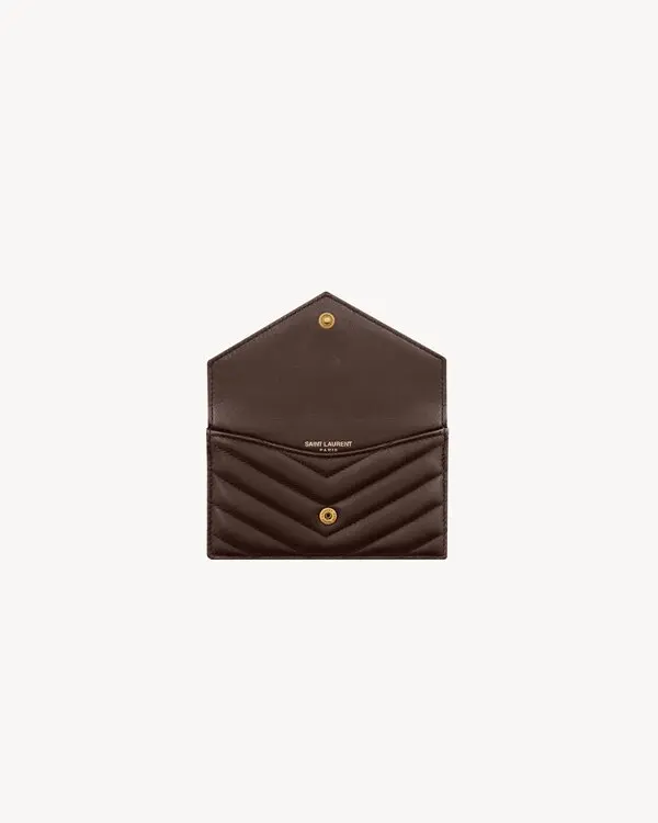 Saint Laurent Cassandre Fragments Flap Card Case In Lambskin In Brown