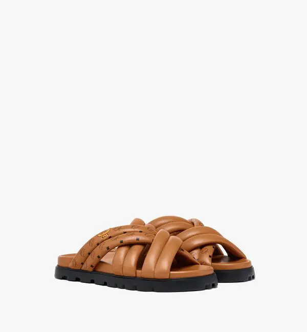 Mcm Monogram Print Cross Sandals In Lambskin