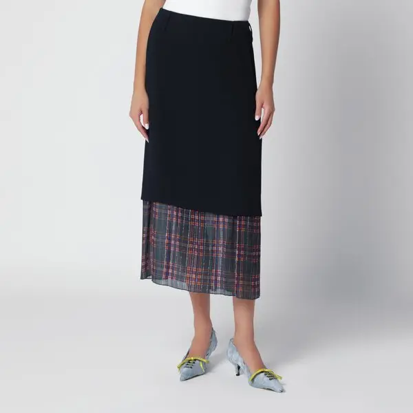 Dries Van Noten Navy Midi Skirt With Check Insert