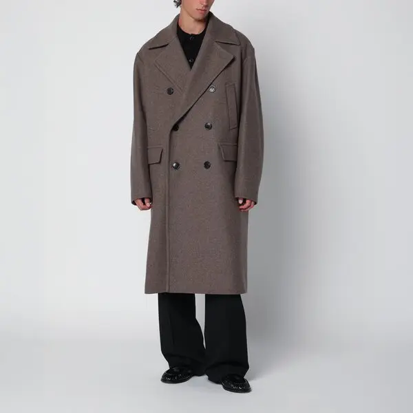 Dries Van Noten Mélange Taupe Wool Blend Double-breasted Coat