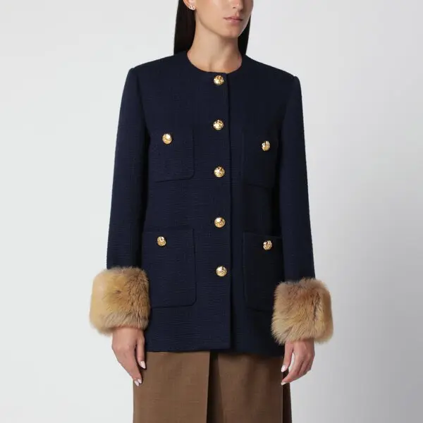 Valentino Garavani Navy Peacoat In Wool Tweed - Blue