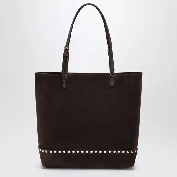 Valentino Garavani Medium Rockstud Shopper Bag In Ebony And Black Suede