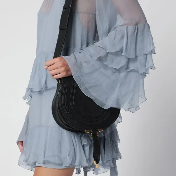 Chloé Saddle Marcie Bag In Black Grained Leather - Blue