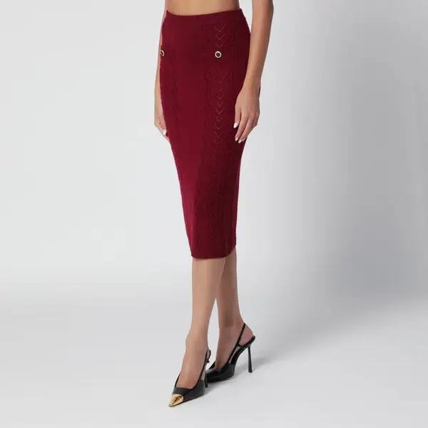 Alessandra Rich Bordeaux Merino Wool Lace Knit Midi Skirt - Burgundy
