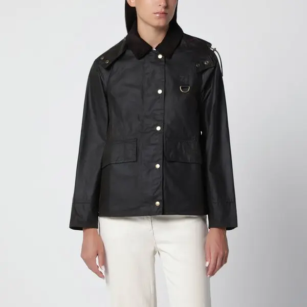 Barbour Waxed Cotton Jacket With Corduroy Collar And Removable Hood