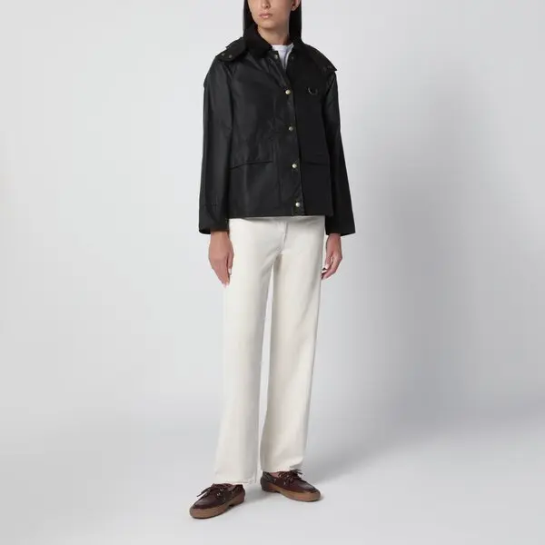 Barbour Waxed Cotton Jacket With Corduroy Collar And Removable Hood