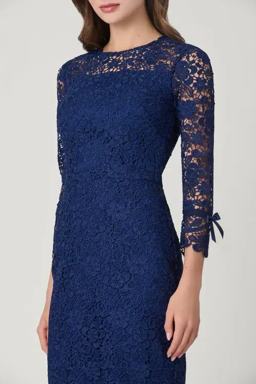Shoshanna Floral Lace Midi Dress With Ribbon Bows