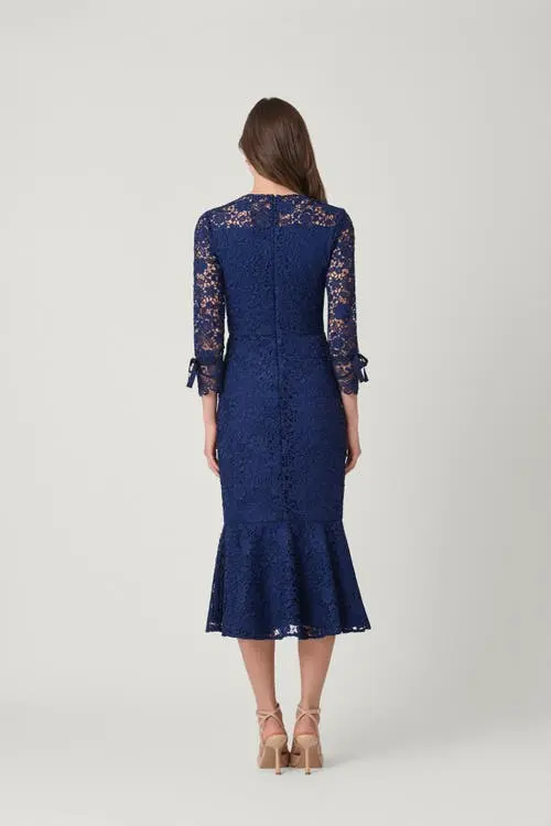 Shoshanna Floral Lace Midi Dress With Ribbon Bows