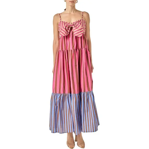 English Factory Stripe Bow Sleeveless Tiered Maxi Dress