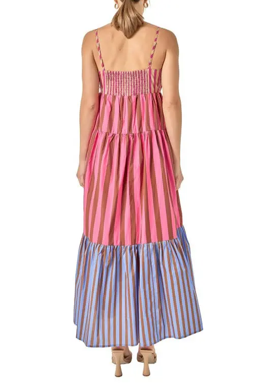 English Factory Stripe Bow Sleeveless Tiered Maxi Dress