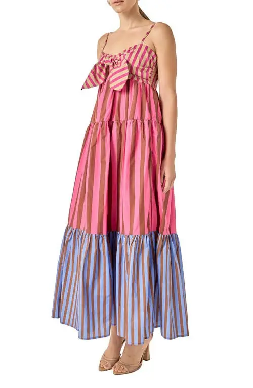 English Factory Stripe Bow Sleeveless Tiered Maxi Dress