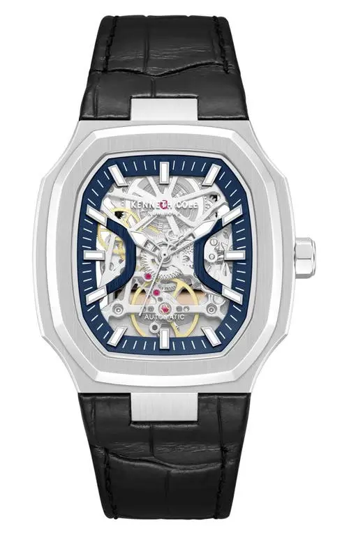 KENNETH COLE Automatic Leather Strap Watch - Black