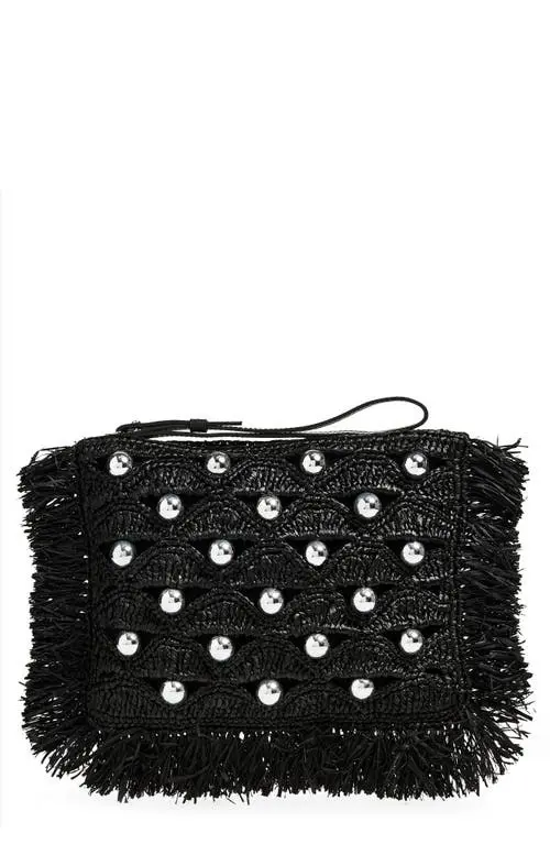 Rabanne Bead Embellished Woven Raffia Pouch Wristlet