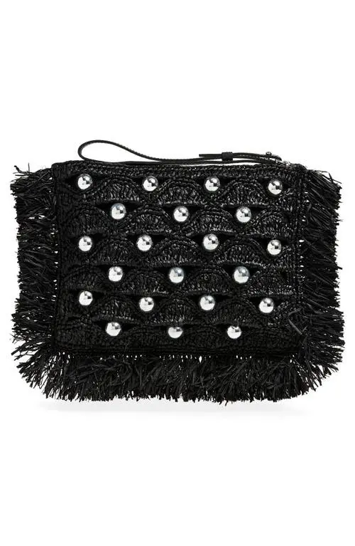 Rabanne Bead Embellished Woven Raffia Pouch Wristlet