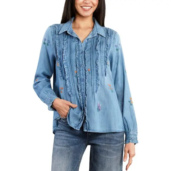 BILLY T Garden Embroidered Ruffle Pintuck Shirt - Washed Blue