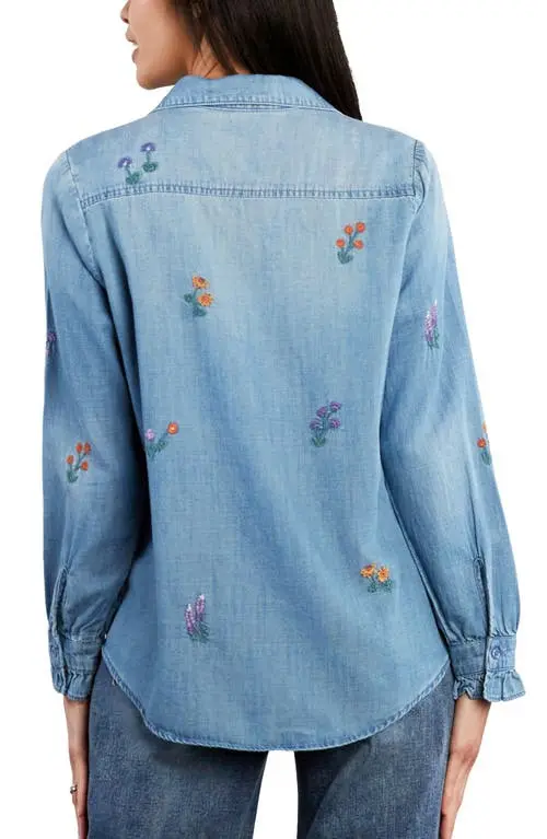 BILLY T Garden Embroidered Ruffle Pintuck Shirt - Washed Blue