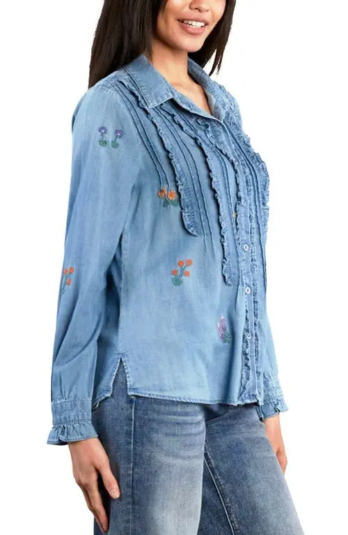 BILLY T Garden Embroidered Ruffle Pintuck Shirt - Washed Blue