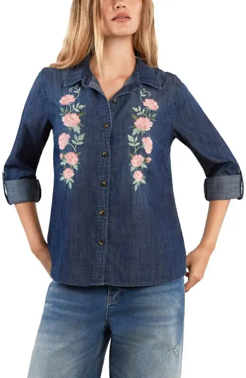 BILLY T Rose Embroidered Denim Shirt - Dusk Blue