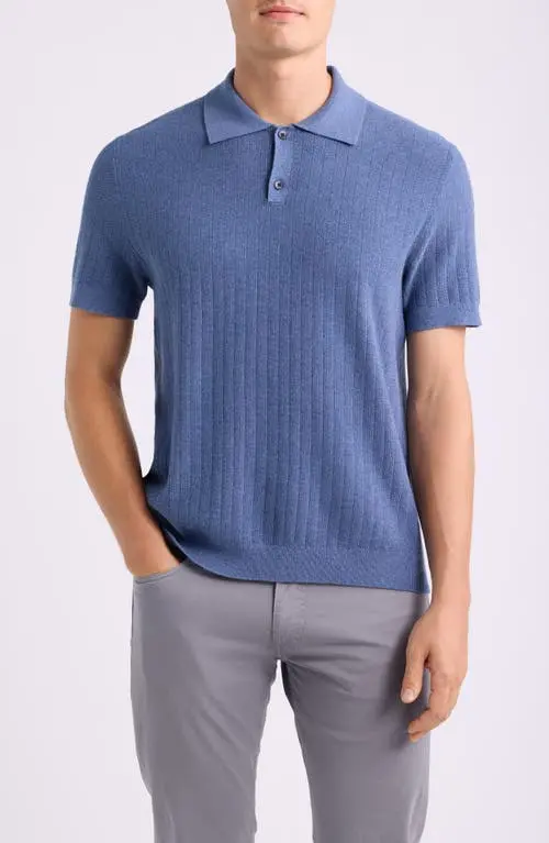 Nordstrom Short Sleeve Ribbed Cotton & Cashmere Polo Sweater - Blue Moonlight Heather
