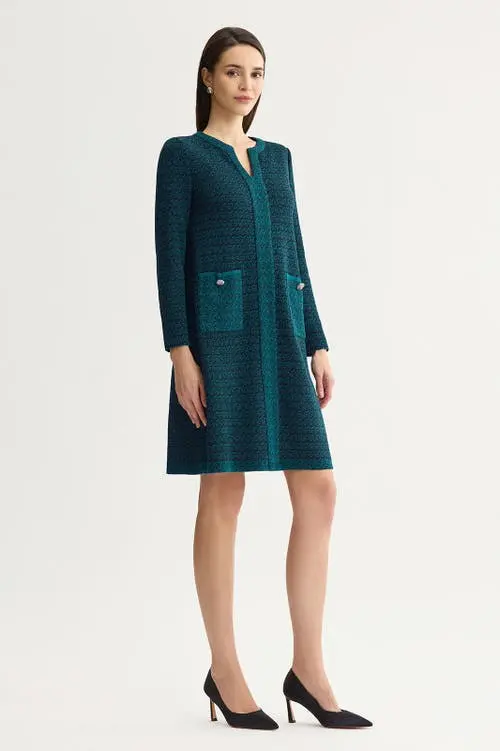 Ming Wang Split V Neck Jacquard Knit Dress