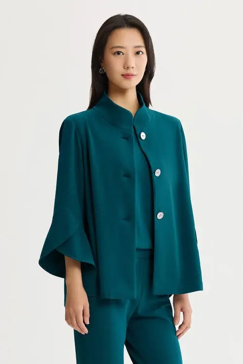 Ming Wang Button Front Bell Sleeve Deco Crepe Jacket