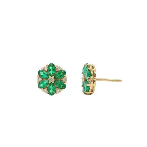 QIRAT FINE JEWELRY Pear Emerald & Round Diamond Floral Stud Earrings