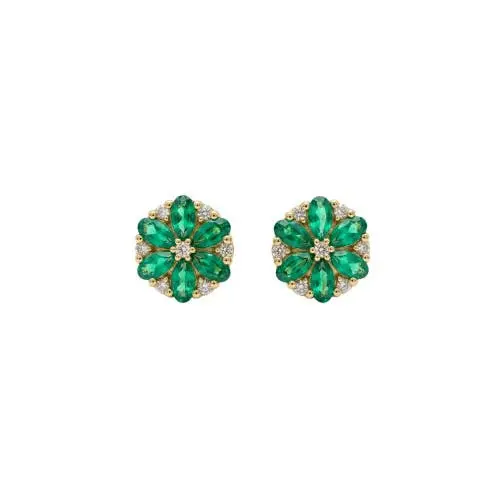 QIRAT FINE JEWELRY Pear Emerald & Round Diamond Floral Stud Earrings - Green